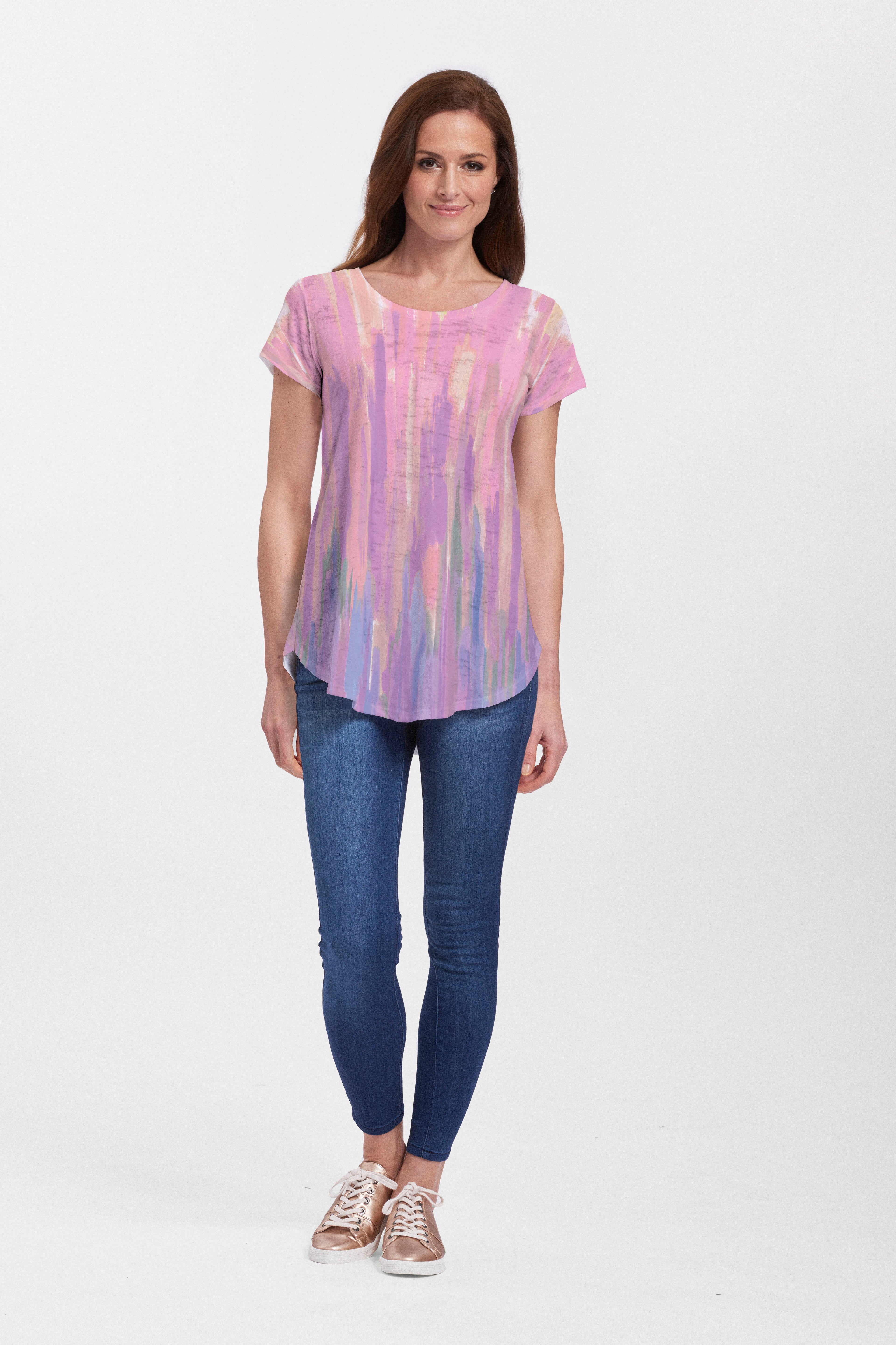 Monets Pallette (26009) ~ Short Sleeve Scoop Neck Flowy Tunic – Whimsy Rose