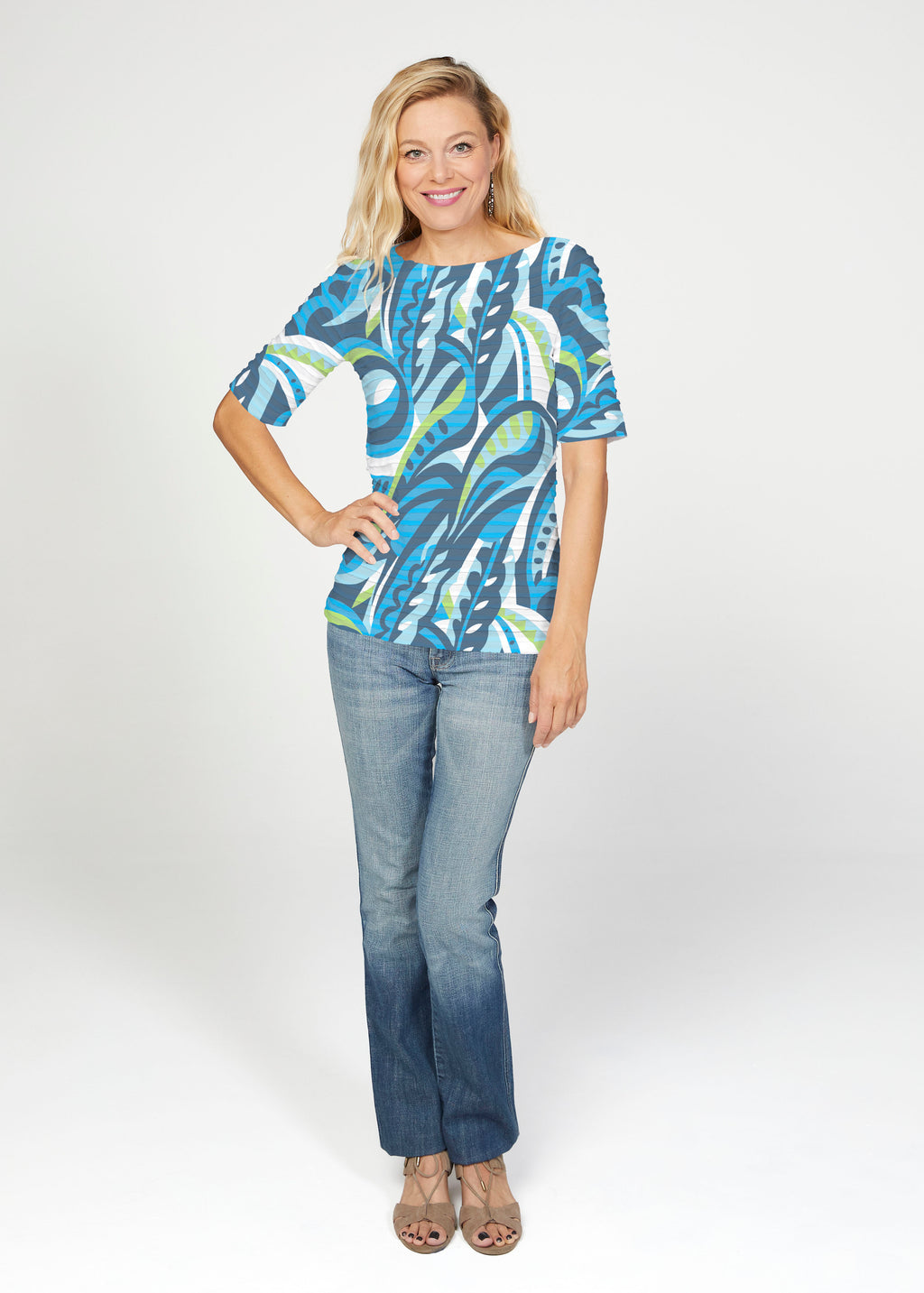 Emilio Lime (26054) ~ Banded Elbow Sleeve Boat Neck Top – Whimsy Rose