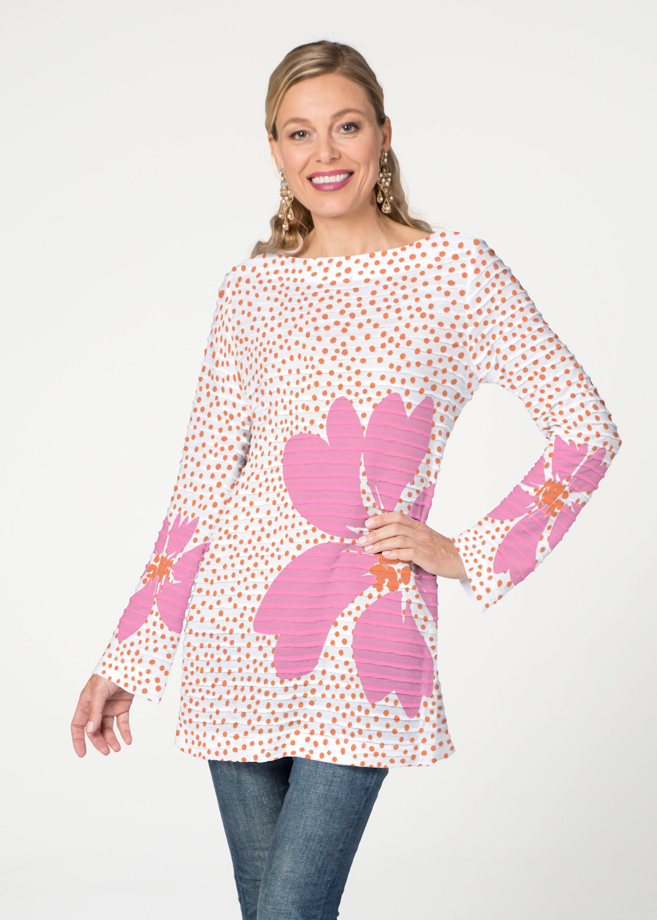Daisy Dots Pink (8079) ~ Banded Boatneck Tunic – Whimsy Rose