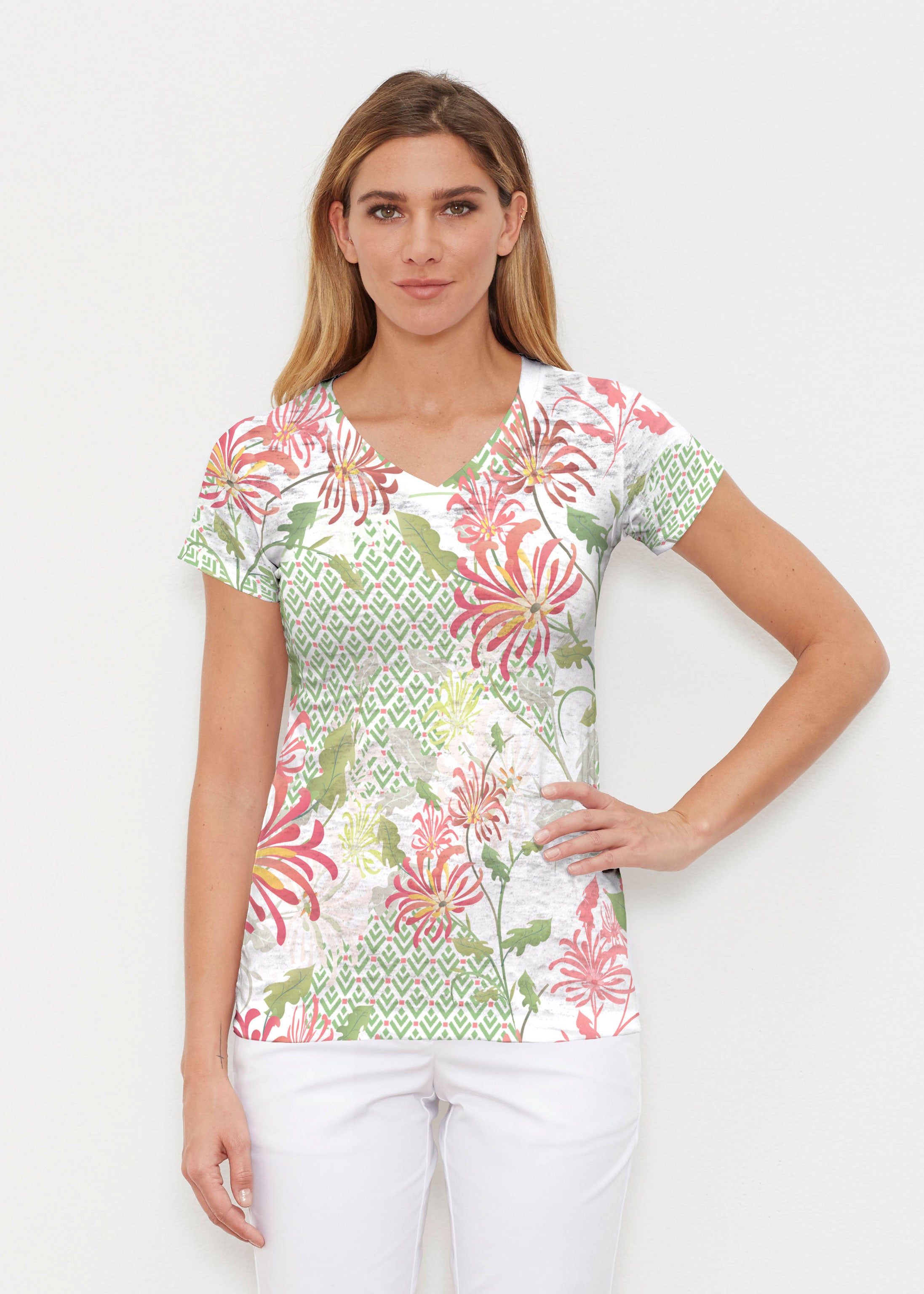 Lucia Green (8089) ~ Signature Cap Sleeve V-Neck Shirt – Whimsy Rose
